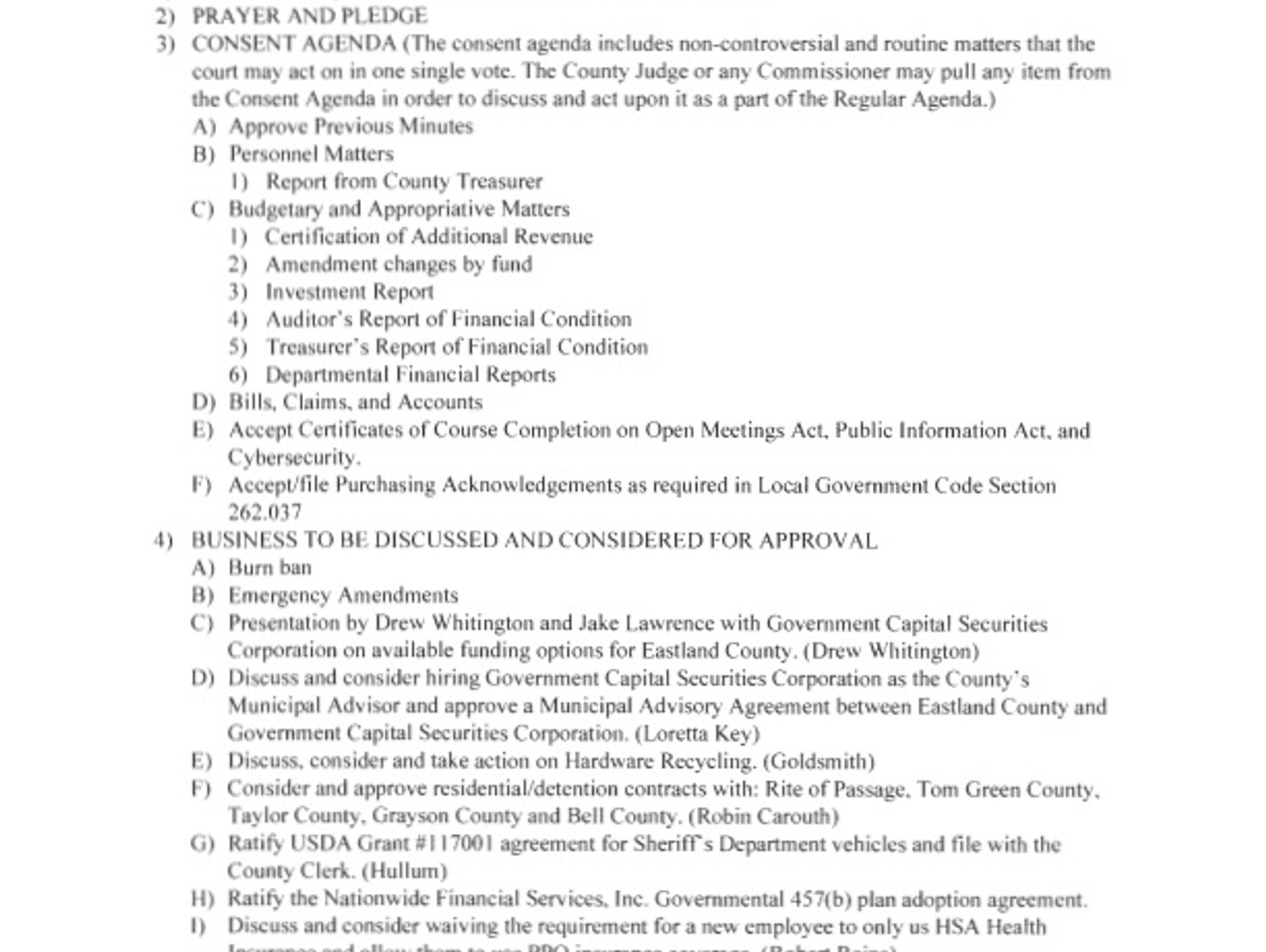 Eastland County Commissioners Court Special Meeting Oct. 1