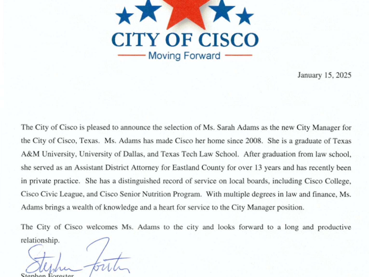 Sarah Adams is New City Manger for City of Cisco